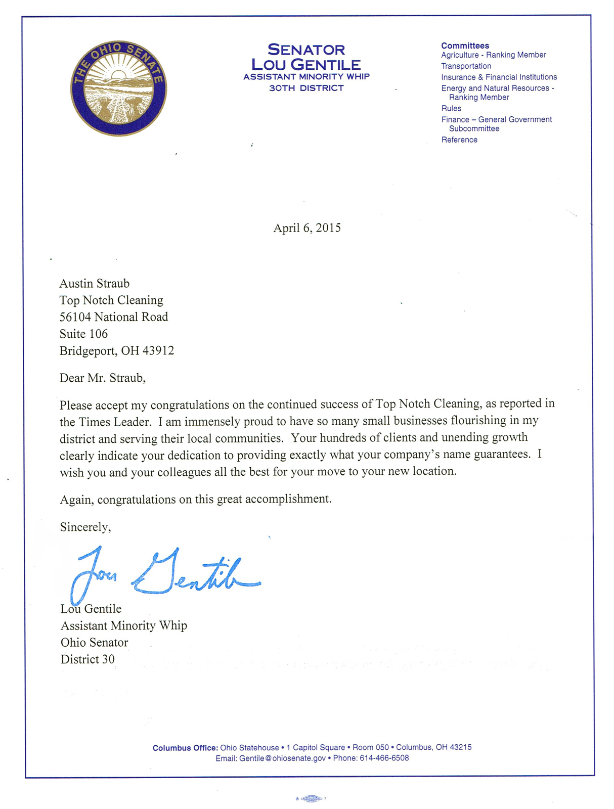 Letter from Senator Lou Gentile | Top-Notch Cleaning, LLC.